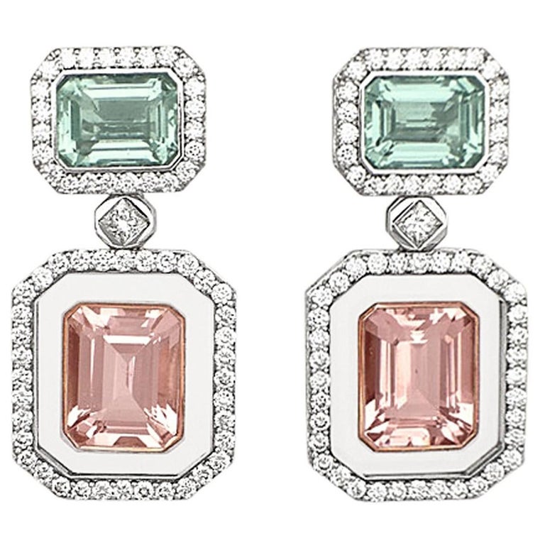 Morganite Green Beryl Diamond 18Kt Gold Rock Crystal Earrings and ...