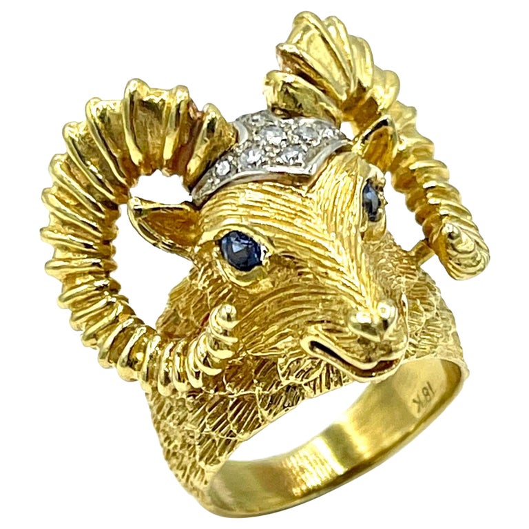 18K Yellow Gold Rams Head Ring with 0.14 Carats in Diamonds at 1stDibs