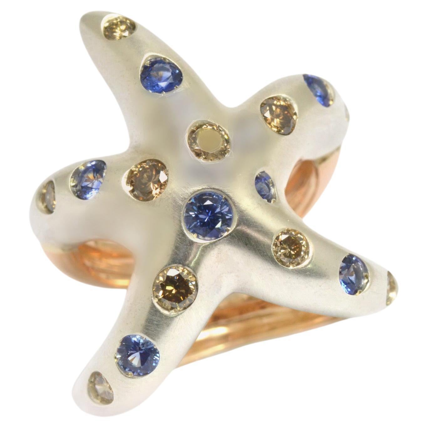 Blue Sapphires Brown Diamonds Silver 18 Kt Rose Gold Made in Italy Sea ...