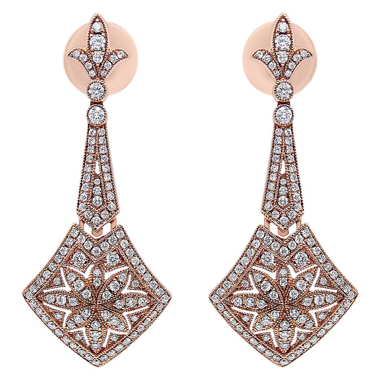 18K Rose Gold 1 1/3cttw Diamond Fleur De Lis Trellis Style Drop and ...
