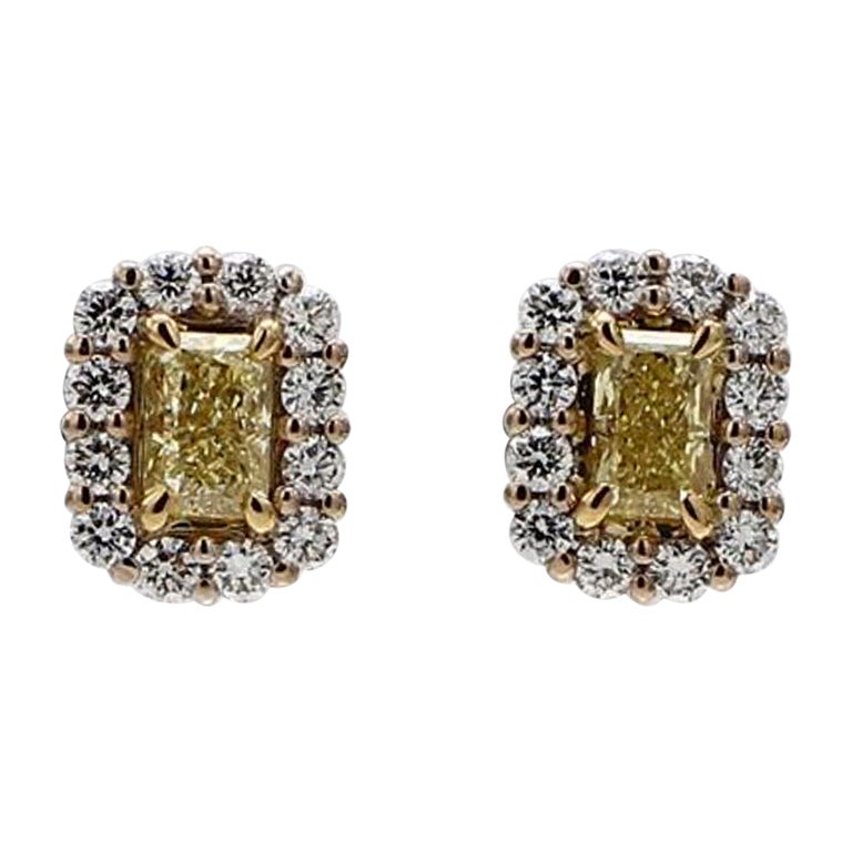 Natural .38 Carats Yellow Radiants and White Diamond Gold Stud Earrings ...