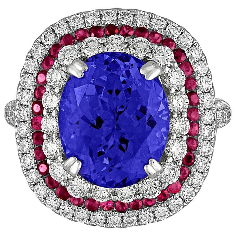 6.65 Carat Tanzanite Diamond and Ruby Gold Ring at 1stDibs