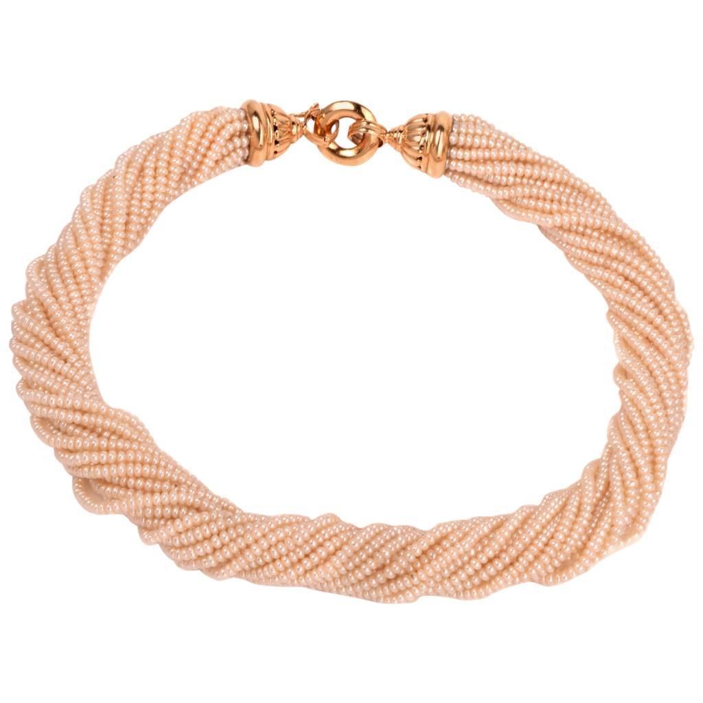 Multi Strand Seed Pearl Necklace with Gold Clasp For Sale at 1stdibs