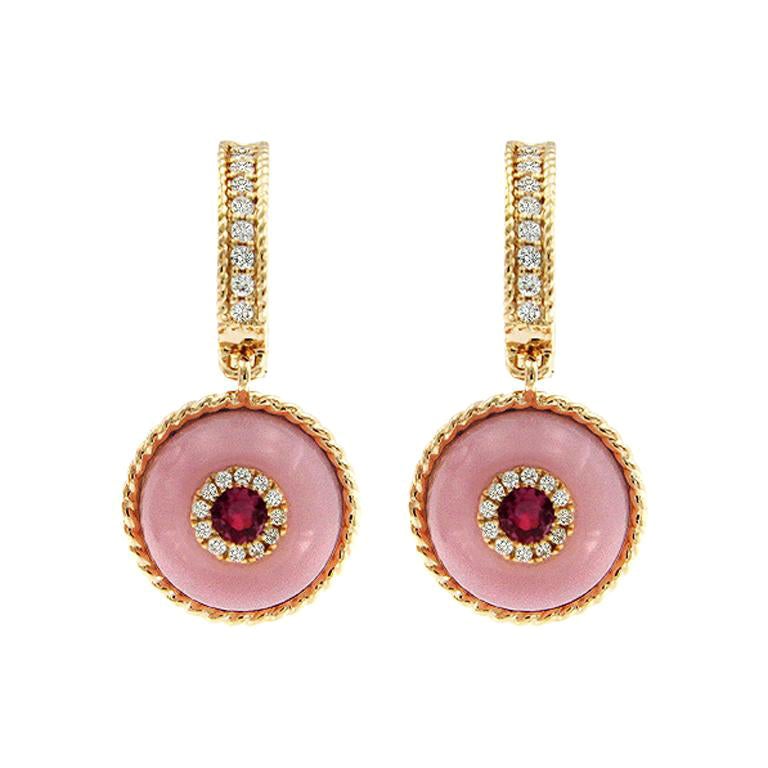 Pink Opal Ruby Dangle Earring in 14 Karat Yellow Gold For Sale at 1stDibs