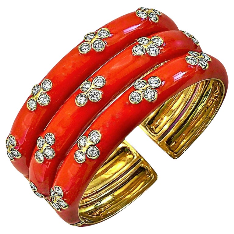 18K Yellow Gold Coral Enamel and Diamond Cuff Bracelet for a Very Small ...