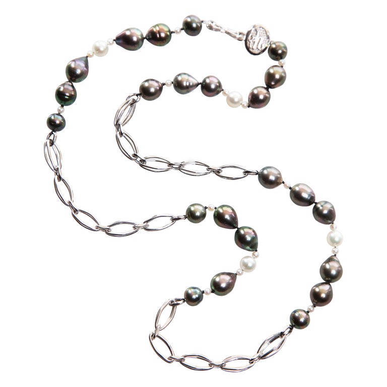 Opera Length Necklace: Tahitian and Akoya Pearls White Gold Chain For ...