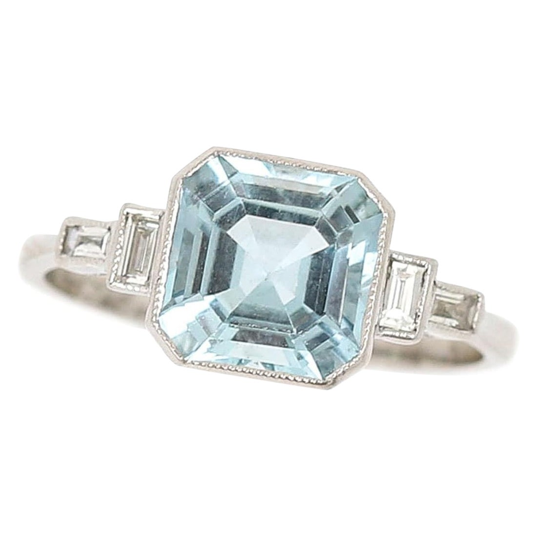 Art Deco Style Platinum Square Cut Aquamarine and Baguette Diamond Ring ...