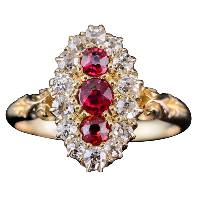 Antique Victorian Ruby and Diamond 18K Gold Navette Cluster Ring, C ...