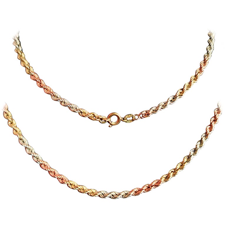 Vintage 9k Tri colour gold Rope twist chain necklace For Sale at 1stDibs