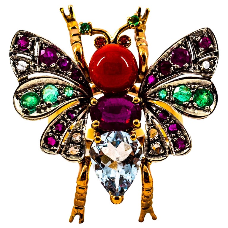 Art Nouveau White Diamond Emerald Ruby Aquamarine Red Coral Yellow Gold ...