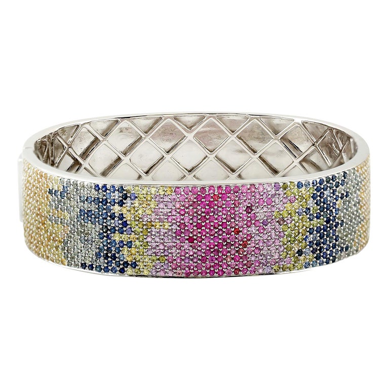 Multi Colored Rainbow Pave Sapphire Cushion Shape Cuff Made in Silver ...