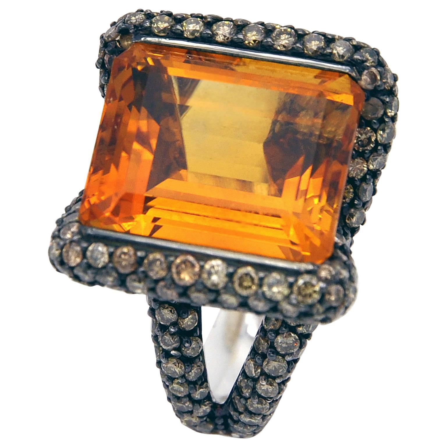 Octagonal Orange Citrine Diamond Gold Ring at 1stDibs
