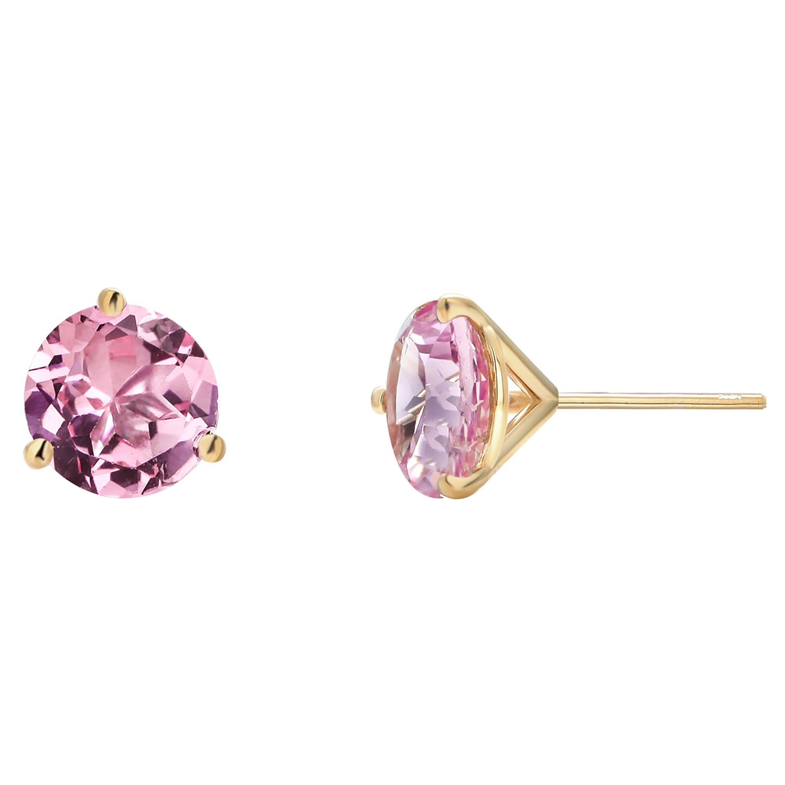 Matched Pair of Round Pink Topaz Yellow Gold Stud Earrings at 1stDibs