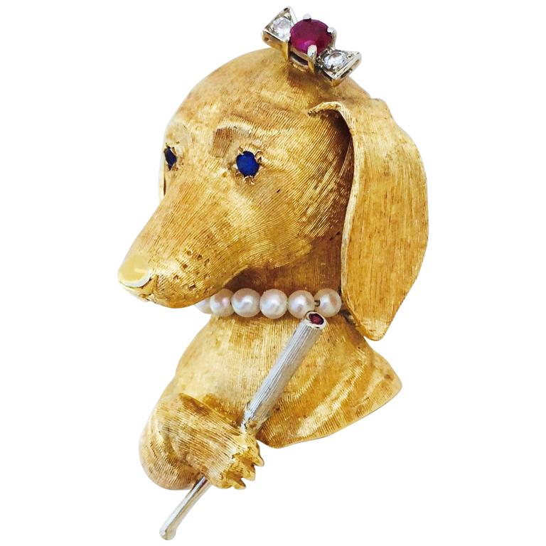 Charming Pearl Ruby Sapphire Diamond Gold Hound Dog Brooch at 1stDibs