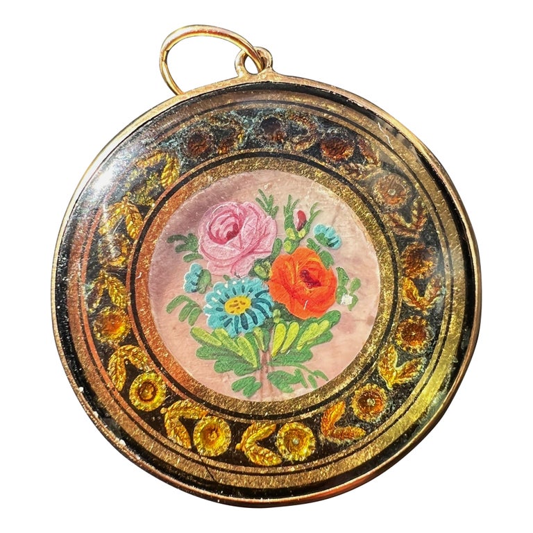 Rare Georgian Era 18k Gold Miniature Painting Rose Pendant For Sale at ...