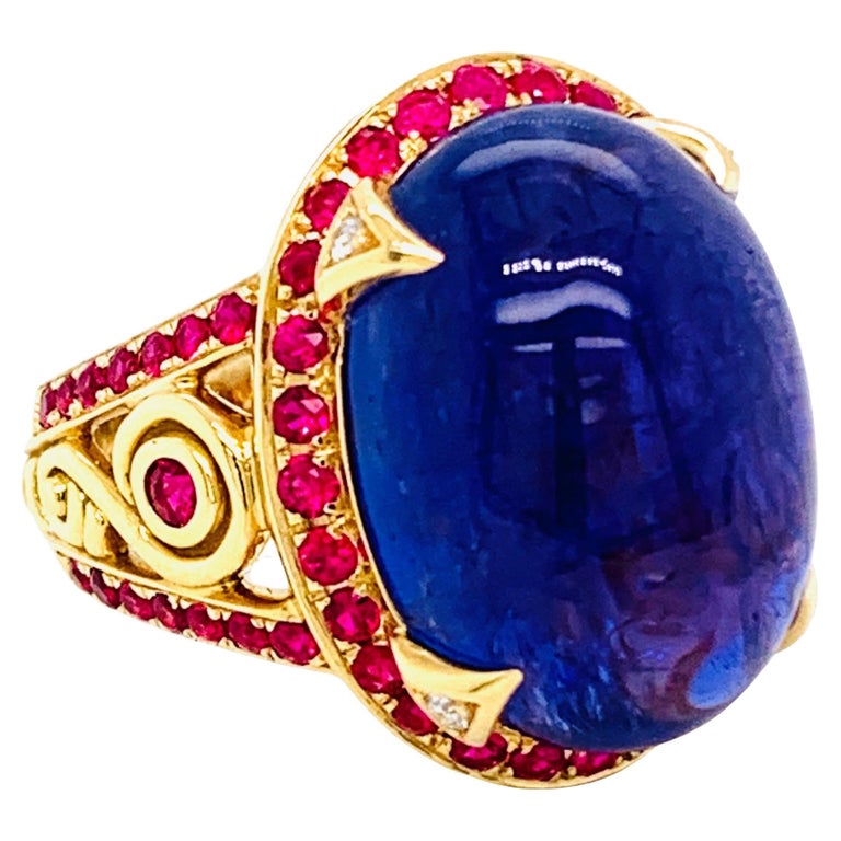 Danuta 27.5 Carat Cabachon Tanzanite and 1.22 Carat Ruby Engagement ...