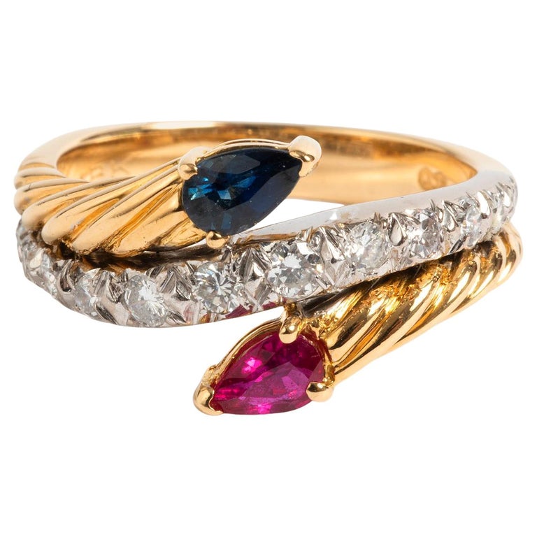 Pretty 18 Carat Yellow Gold, Diamond Ruby and Sapphire Ring For Sale at ...