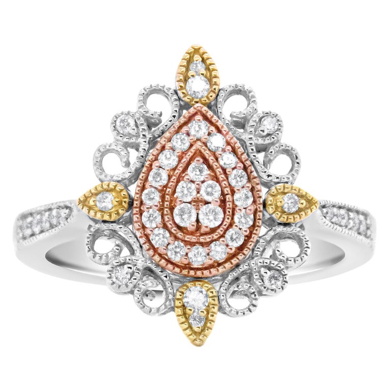 14K Tri Gold 1/4 Carat Diamond Art Deco Style Halo Cocktail Ring For ...