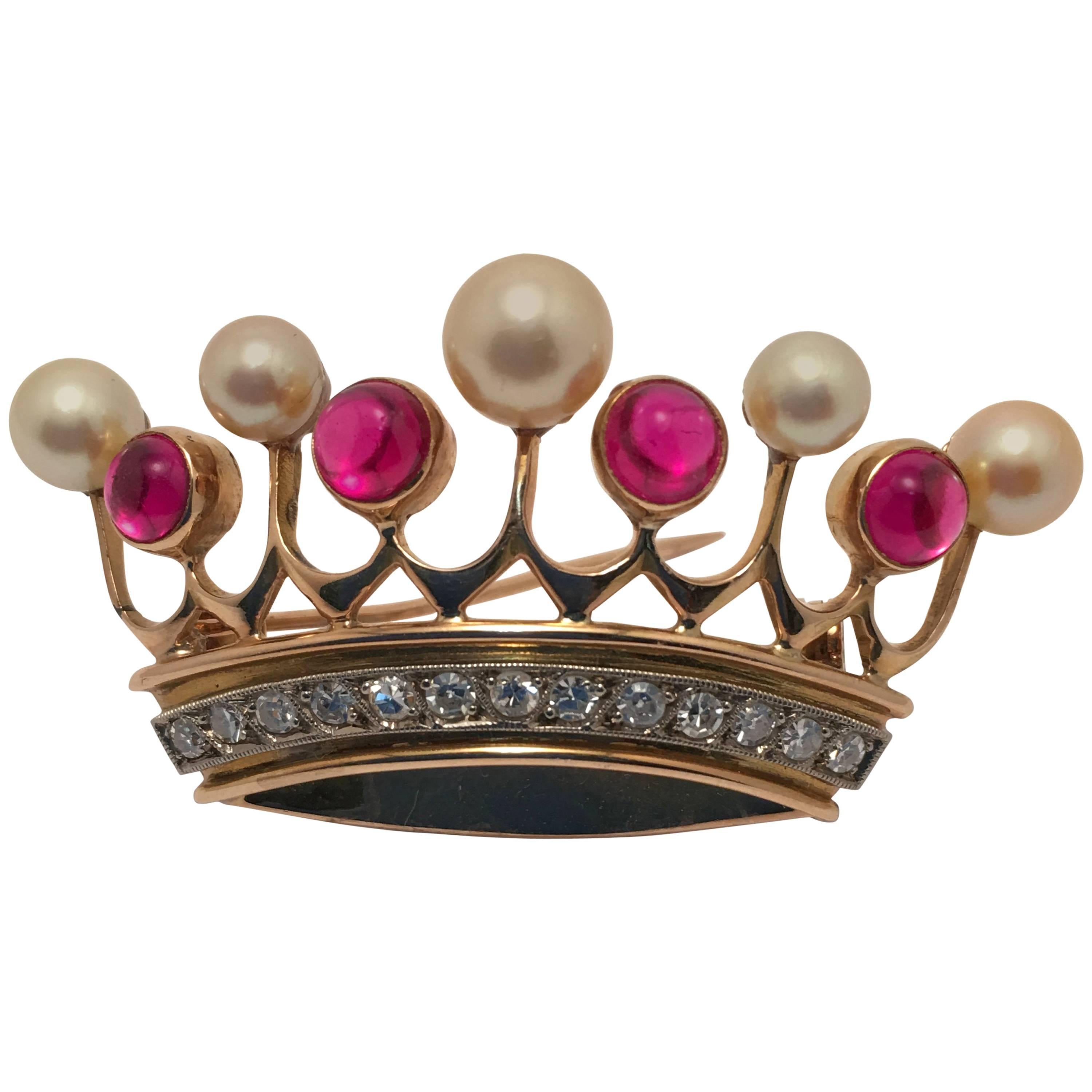 Pearl Ruby Gold Crown Brooch at 1stDibs