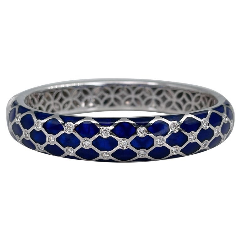 Modern 18 Karat Gold Diamond Blue Glass Hinged Bangle Bracelet For Sale ...