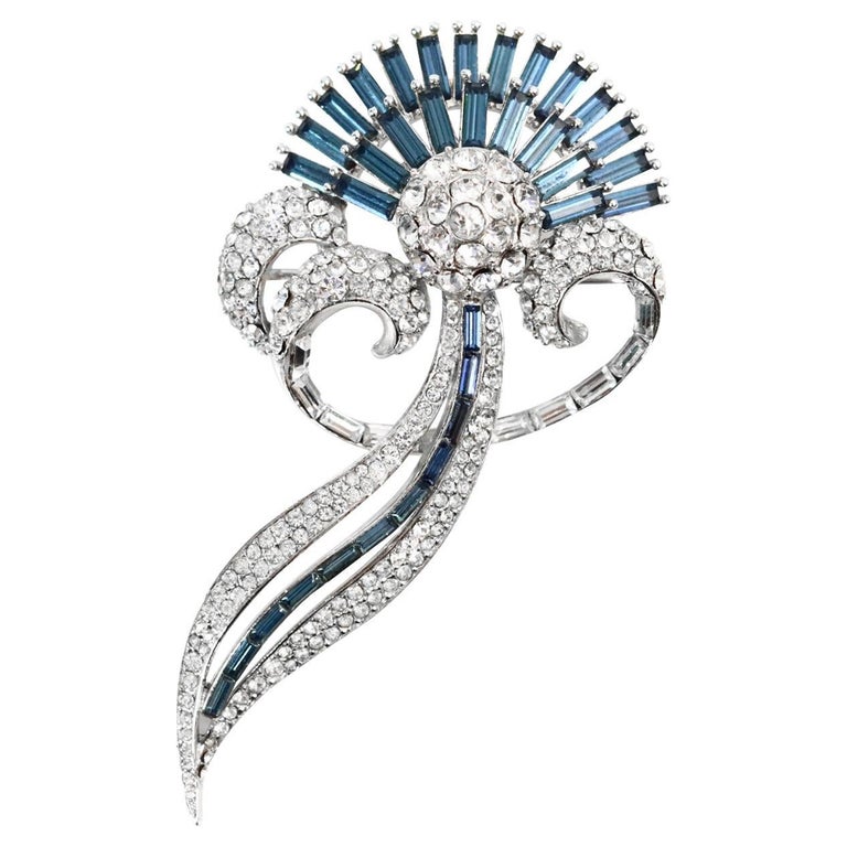 Vintage Silver Blue Sapphire Baguette and Pave Brooch Circa 1960s For ...