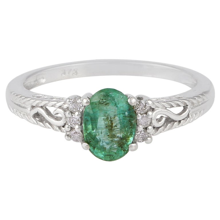 Customizable Natural Oval Emerald Gemstone Ring Diamond 9 Karat White