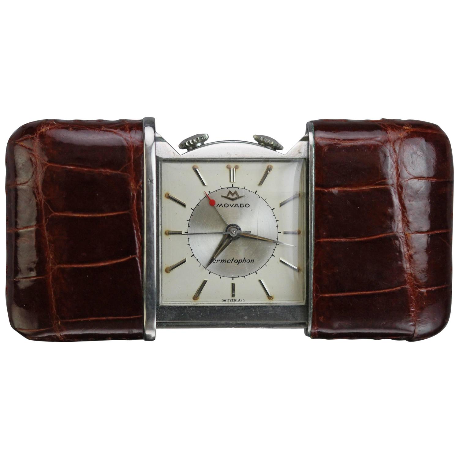 Movado Stainless Steel Crocodile Ermetophon Travel Alarm Clock at 1stdibs