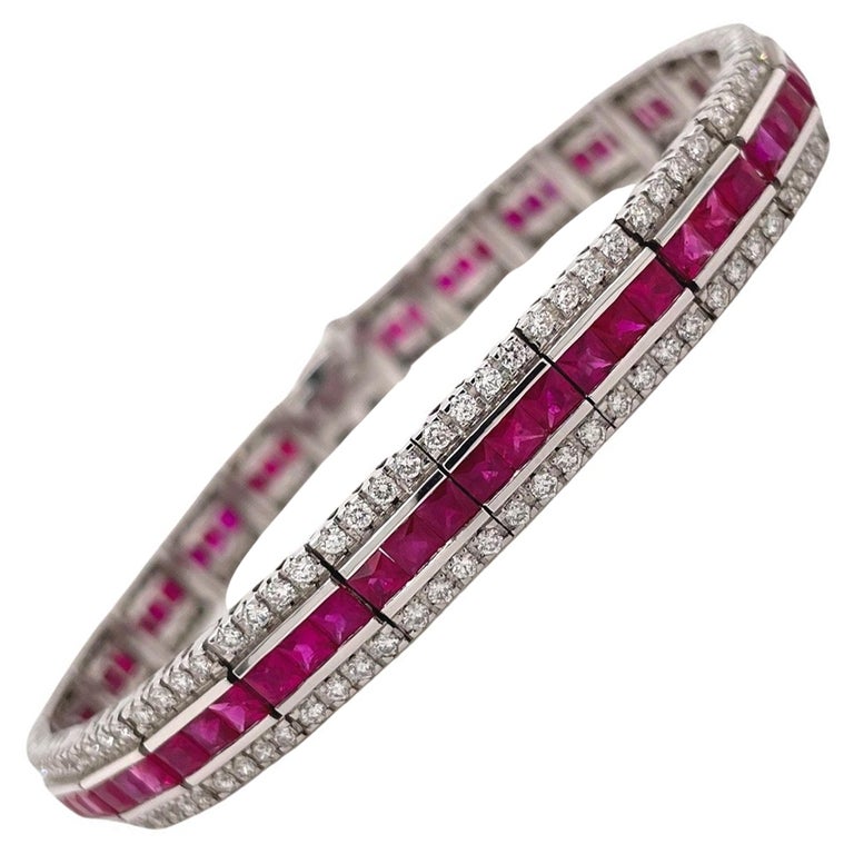 Ruby and Diamond Channel Set Bracelet in 18k White Gold For Sale at 1stDibs