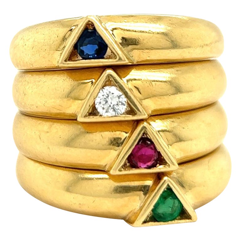 Vintage Van Cleef and Arpels Gemstone 18K Yellow Gold Triangle Ring Set ...