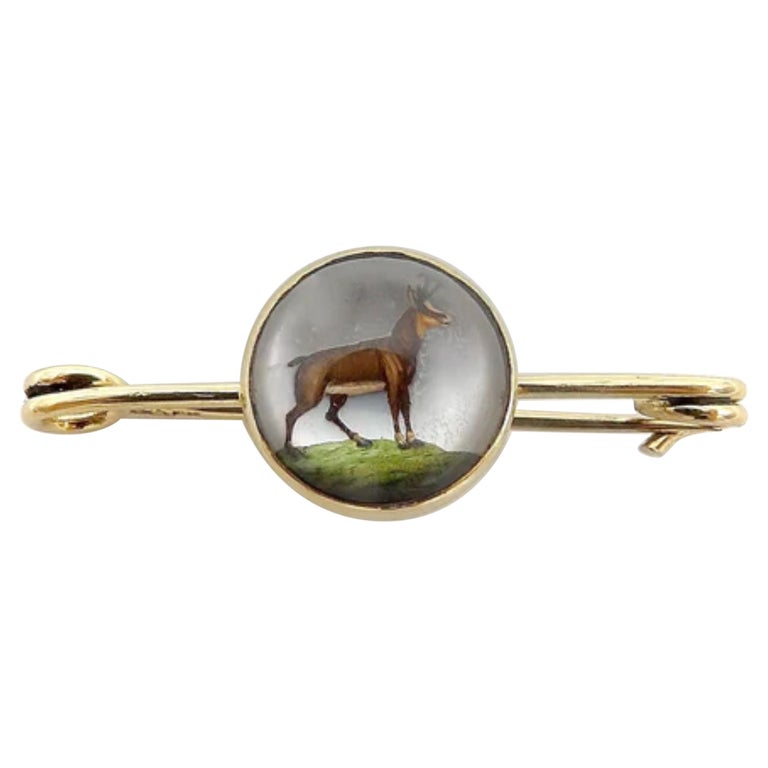 Edwardian 14K Gold Reverse Painted Essex Crystal Antelope Pin For Sale ...