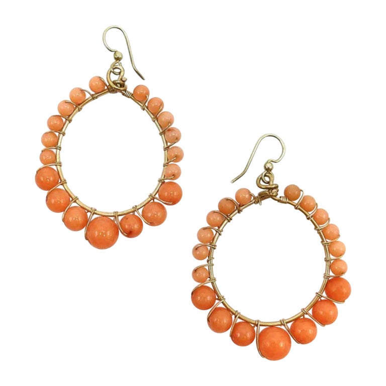 14K Vintage Coral Colored Glass Hoop Earrings For Sale at 1stDibs