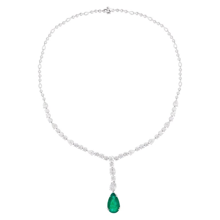 Pear Shape Natural Emerald Gemstone Necklace Diamond 18 Karat White ...