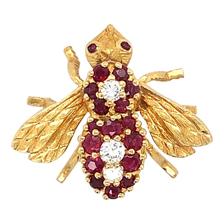 Herbert Rosenthal 18k Yellow Gold Round White Diamond and Red Ruby Bee ...