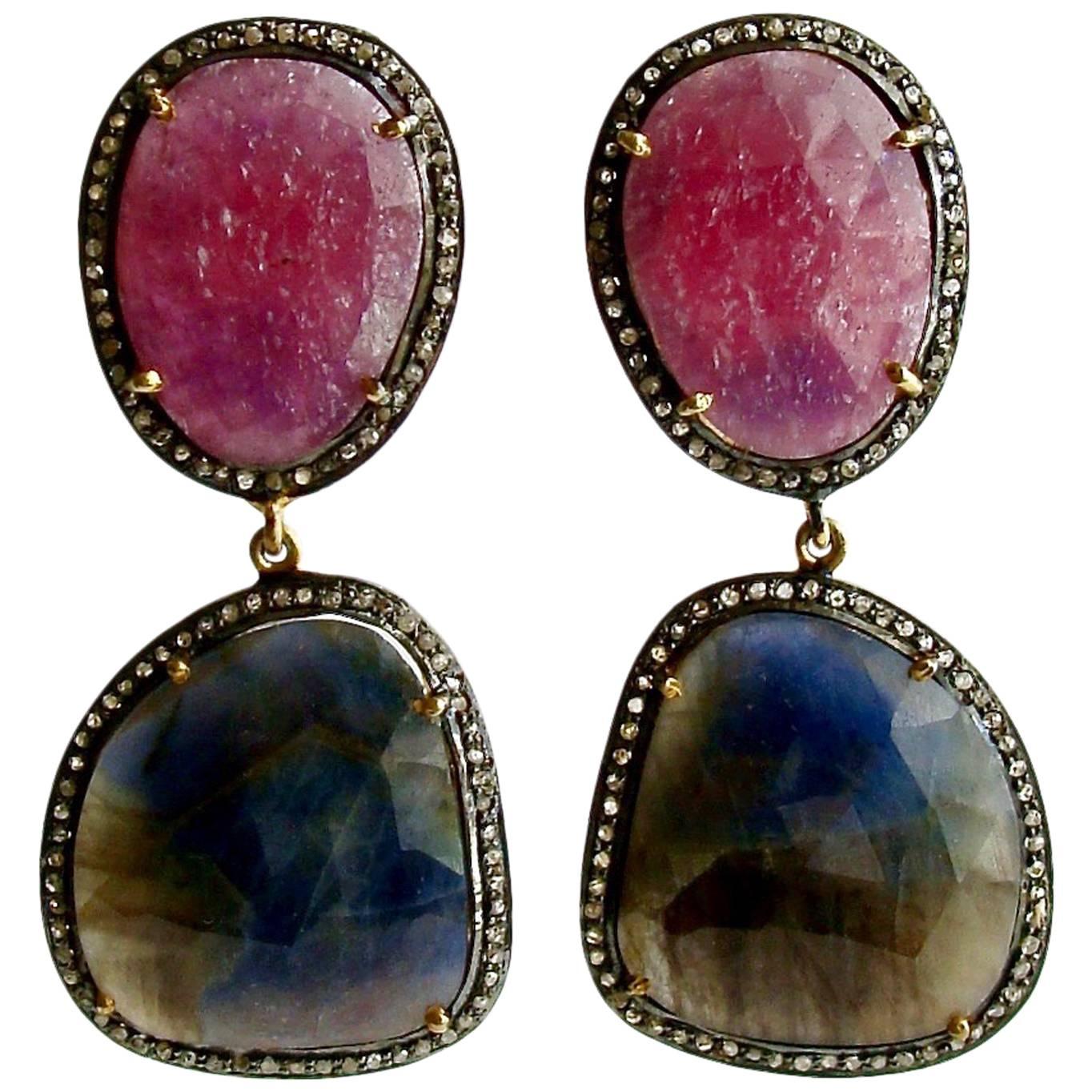 Raspberry Pink Denim Blue Sapphire Slices Diamond Earrings at 1stDibs