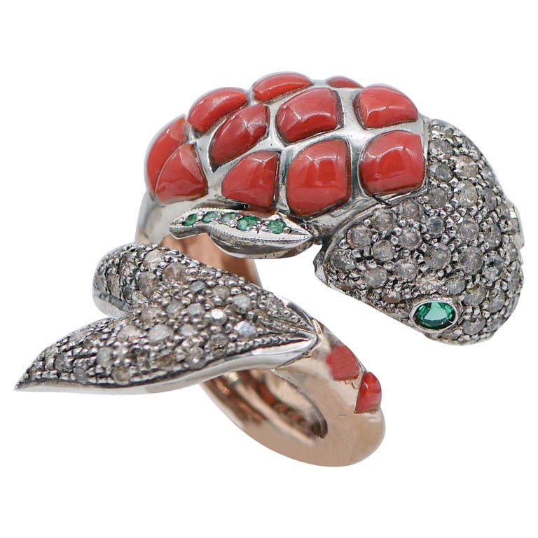 Coral, Emeralds, Diamonds, Rose Gold and Silver Fish Shape Ring For ...