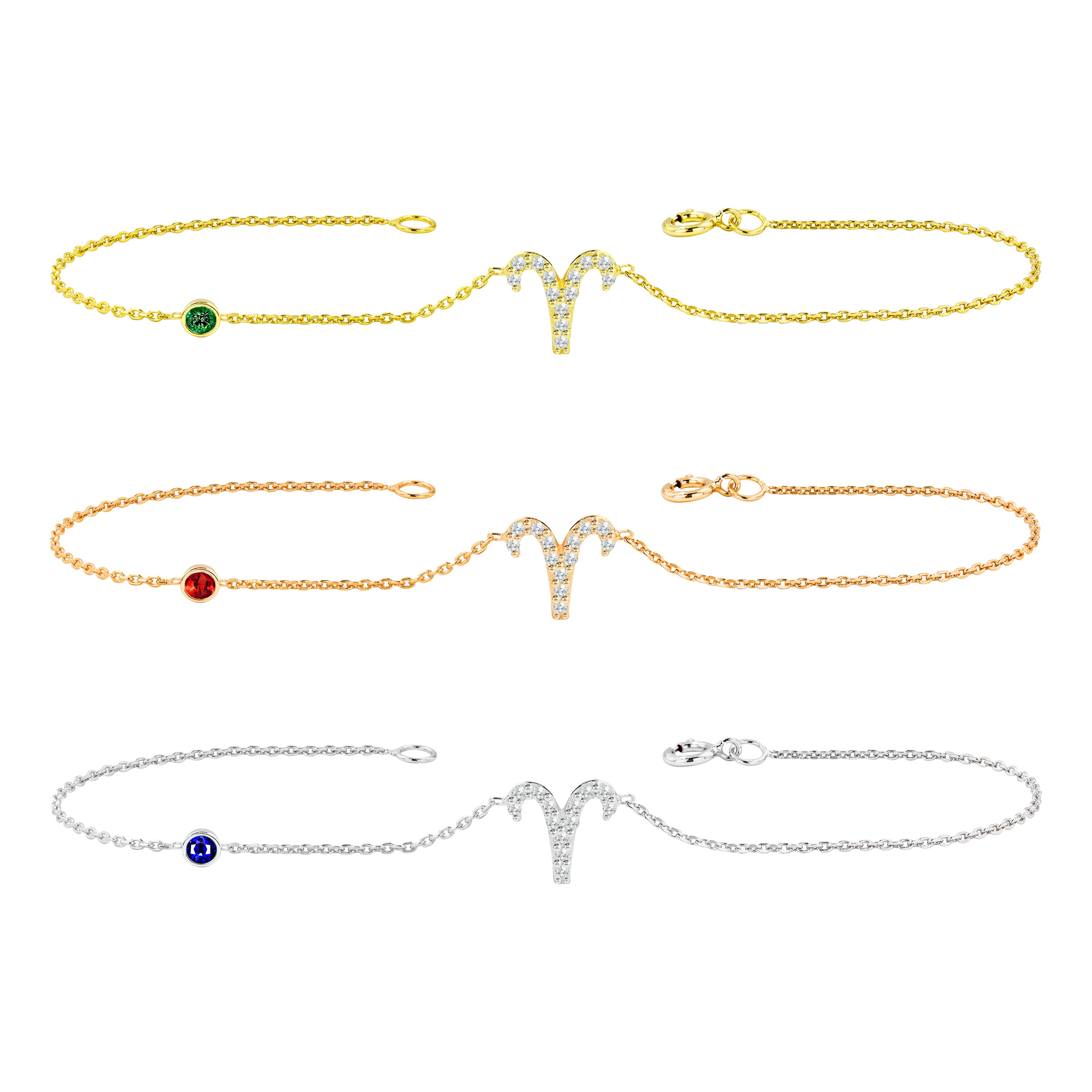 18K Gold 0.24 Ct Diamond Aries Zodiac bracelet with Ruby Emerald ...