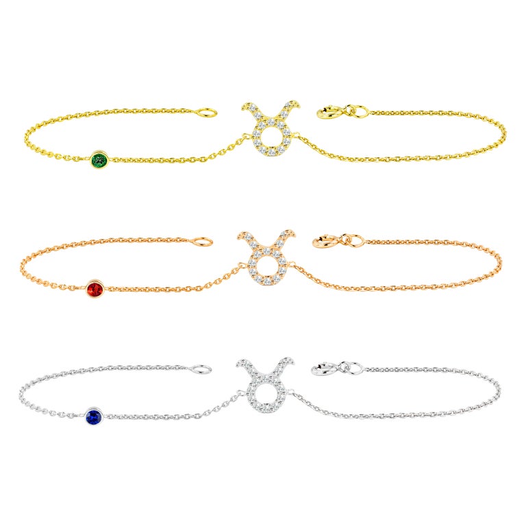18K Gold 0.16 Ct Diamond Taurus Zodiac bracelet with Ruby Emerald ...