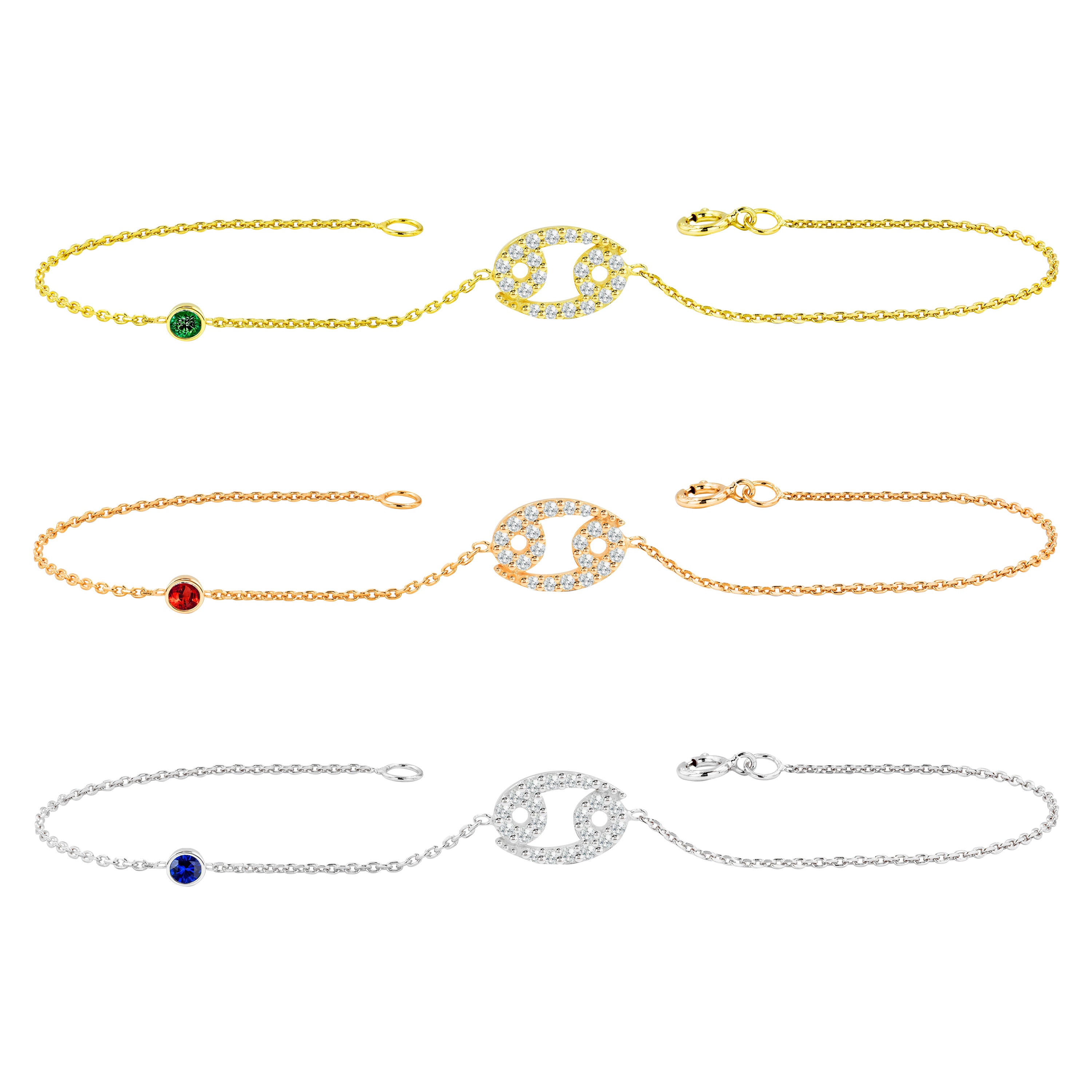 18K Gold 0.22 Ct Diamond Cancer Zodiac bracelet with Ruby Emerald ...