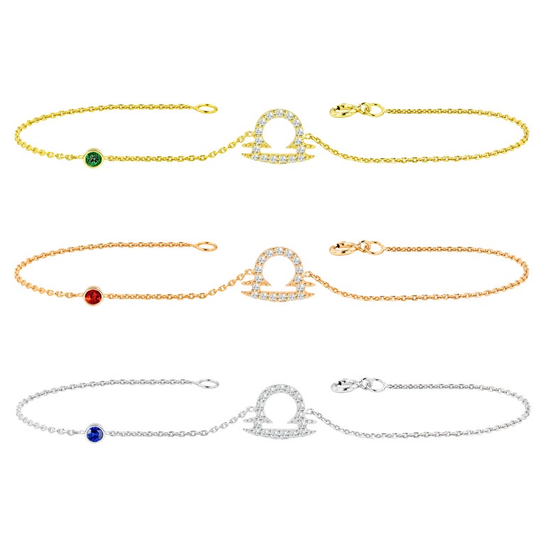 18K Gold Zodiac Libra Diamond Bracelet With Birthstone Ruby Emerald ...