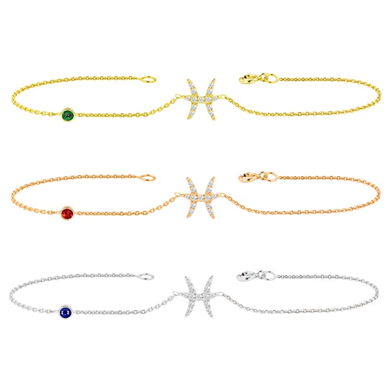 18K Gold Zodiac Pisces Diamond Bracelet With Birthstone Ruby Emerald ...
