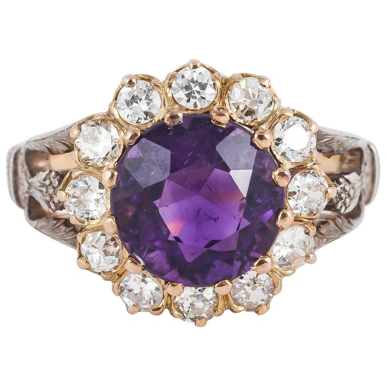 Edwardian Amethyst Diamond Gold Cluster Ring at 1stDibs