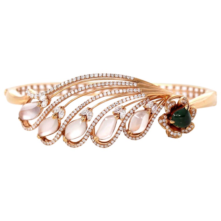 18k Rose Gold Ice Jadeite Jade Phoenix Bracelet Bangle and Diamonds ...