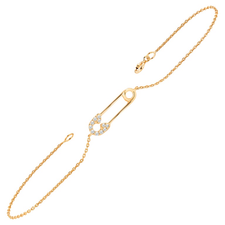 18K Gold 0.09 Ct Diamond Safety Pin Minimalist bracelet For Sale at 1stDibs