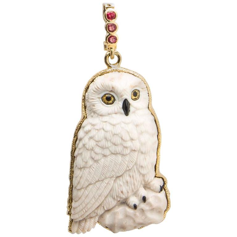Owl Petrified Palm Pendant with Ruby Gold Enhancer For Sale at 1stDibs