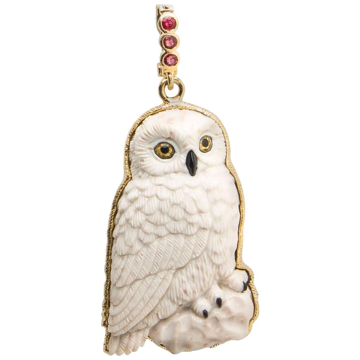Owl Petrified Palm Pendant with Ruby Gold Enhancer For Sale at 1stDibs