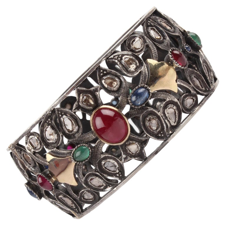 Multi Gemstone Bangle Diamond Bracelet 18 Karat Gold Silver Handmade ...