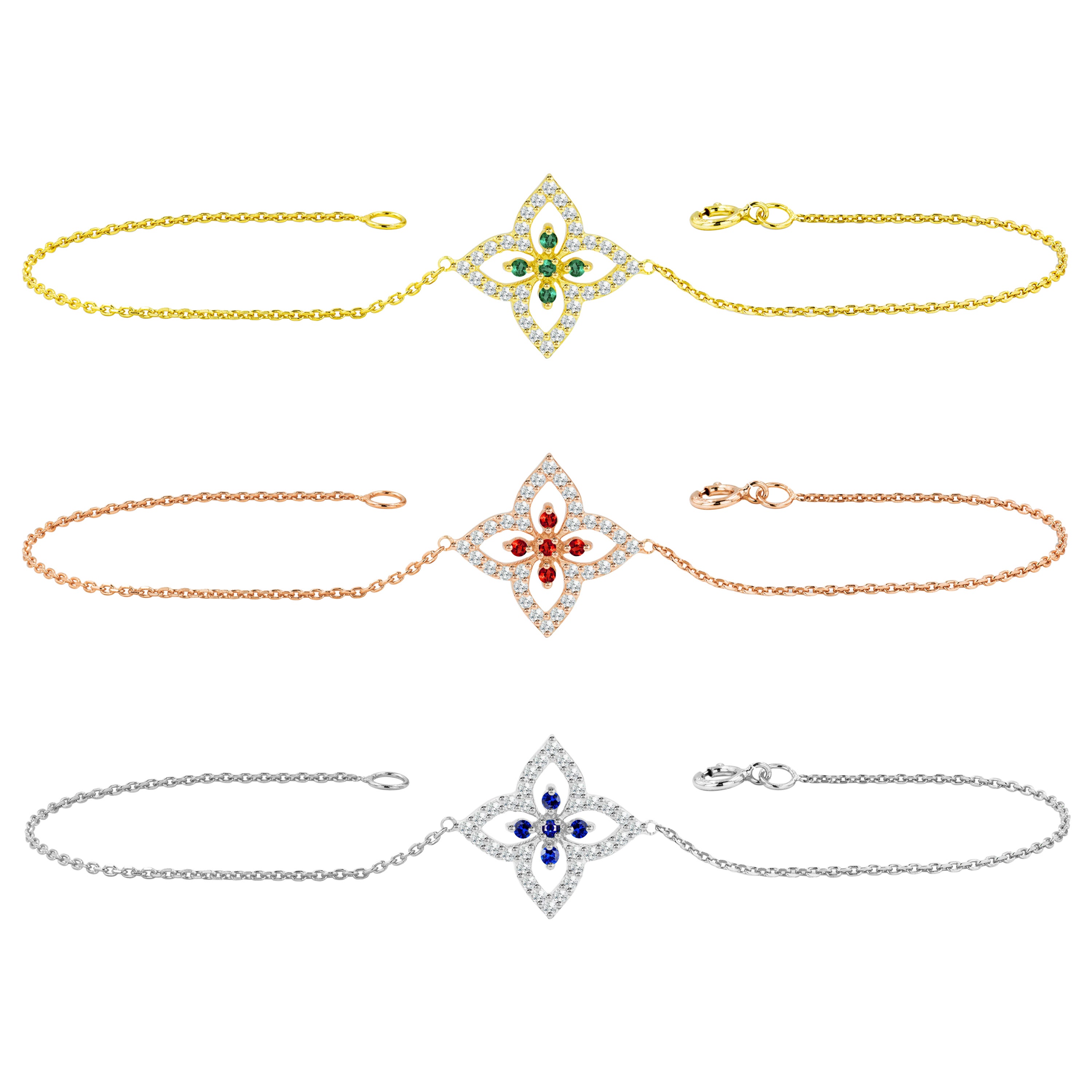 18K Gold Mini Clover Bracelet In Precious Stones Natural Emerald Ruby ...