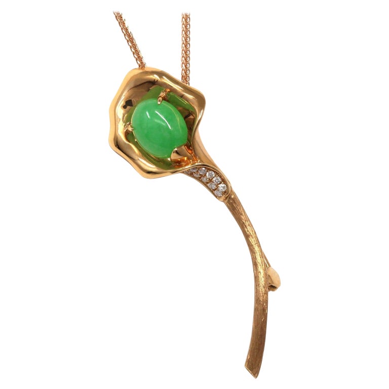 18K Rose Gold Genuine Imperial Jadeite Pendant and Brooch with Diamonds ...
