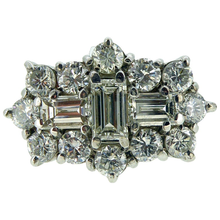 2.54 Carat Diamond Ring, Cluster Design with Baguette and Brilliant Cut ...
