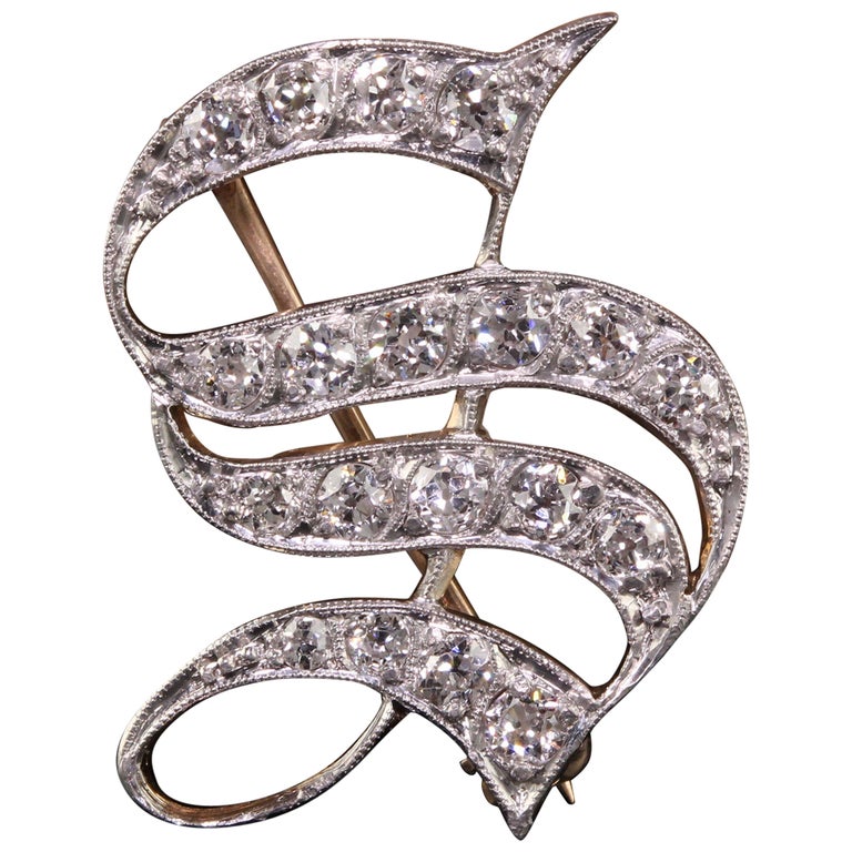 Antique Edwardian 14K Yellow Gold and Platinum Old Euro Diamond S ...
